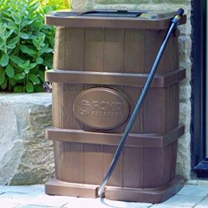 FCMP Outdoor Wood Grain 45-Gallon Rain Barrel - Water Rain Catcher Barrel with Flat Back for Watering Outdoor Plants, Gardens, and Landscapes, Brown