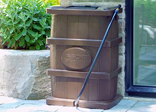 FCMP Outdoor Wood Grain 45-Gallon Rain Barrel - Water Rain Catcher Barrel with Flat Back for Watering Outdoor Plants, Gardens, and Landscapes, Brown