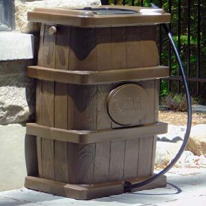 FCMP Outdoor Wood Grain 45-Gallon Rain Barrel - Water Rain Catcher Barrel with Flat Back for Watering Outdoor Plants, Gardens, and Landscapes, Brown