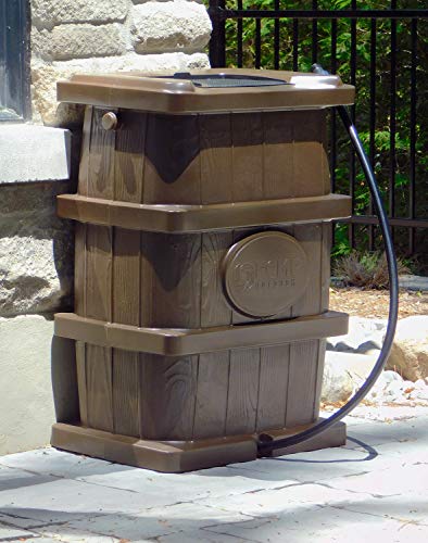 FCMP Outdoor Wood Grain 45-Gallon Rain Barrel - Water Rain Catcher Barrel with Flat Back for Watering Outdoor Plants, Gardens, and Landscapes, Brown