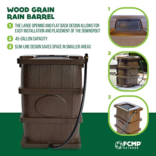 FCMP Outdoor Wood Grain 45-Gallon Rain Barrel - Water Rain Catcher Barrel with Flat Back for Watering Outdoor Plants, Gardens, and Landscapes, Brown