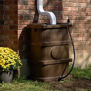 FCMP Outdoor Wood Grain 45-Gallon Rain Barrel - Water Rain Catcher Barrel with Flat Back for Watering Outdoor Plants, Gardens, and Landscapes, Brown