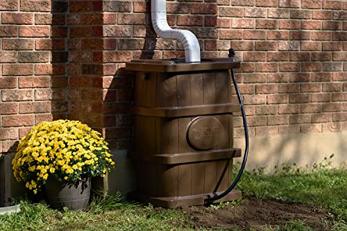 FCMP Outdoor Wood Grain 45-Gallon Rain Barrel - Water Rain Catcher Barrel with Flat Back for Watering Outdoor Plants, Gardens, and Landscapes, Brown