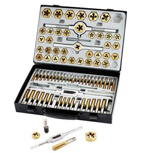 muzerdo 86 piece tap and die set bearing steel sae and metric tools, titanium coated with metal carrying case