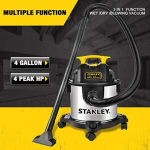 STANLEY 4 Gallon Wet Dry Vacuum, 4 Peak HP Stainless Steel 3 in 1 Shop Vacuum Blower with Powerful Suction, Vacuum for Job Site, Garage, Basement, Workshop, Top Handle, Portable Wet Dry Vac SL18301-4B