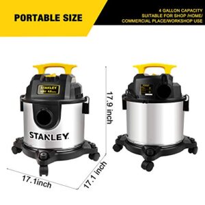 STANLEY 4 Gallon Wet Dry Vacuum, 4 Peak HP Stainless Steel 3 in 1 Shop Vacuum Blower with Powerful Suction, Vacuum for Job Site, Garage, Basement, Workshop, Top Handle, Portable Wet Dry Vac SL18301-4B