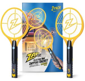 zap it! electric fly swatter racket, mosquito & fly zapper racket - high duty 4,000 volt electric handheld bug zapper racket - fly killer usb rechargeable indoor safe - 2 pack (large, yellow)