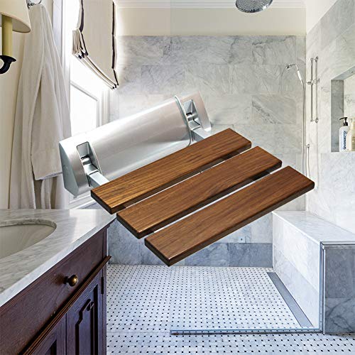 JCWANGDEFU Folding Shower Seat Wall Mounted Bathroom Bath Safety Stool Chair Bench, 12.8-Inch by 12.4-Inch, Load of 350 lbs, Teak