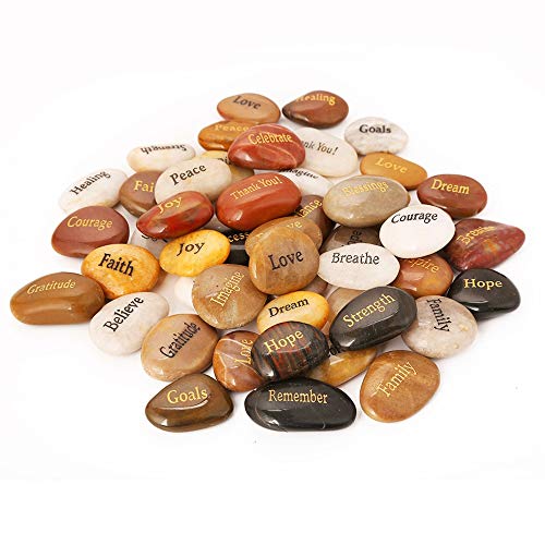 ROCKIMPACT 50PCS Engraved Rocks Different Words Inspirational Stones Bulk Faith Stones Zen Stones Gratitude Rocks Healing Prayer Stones Encouragement Rocks, 2"-3" Each