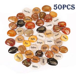 ROCKIMPACT 50PCS Engraved Rocks Different Words Inspirational Stones Bulk Faith Stones Zen Stones Gratitude Rocks Healing Prayer Stones Encouragement Rocks, 2"-3" Each