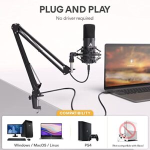 USB Microphone, MAONO 192KHZ/24Bit Plug & Play PC Computer Podcast Condenser Cardioid Metal Mic Kit with Professional Sound Chipset for Recording, Gaming, Singing, YouTube (AU-A04)