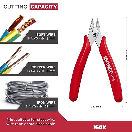 IGAN-170 Wire Cutters, Precision Electronics Flush Cutter, One of the Strongest and Sharpest Side Cutting pliers with an Opening Spring, Ideal for Ultra-fine Cutting Needs.