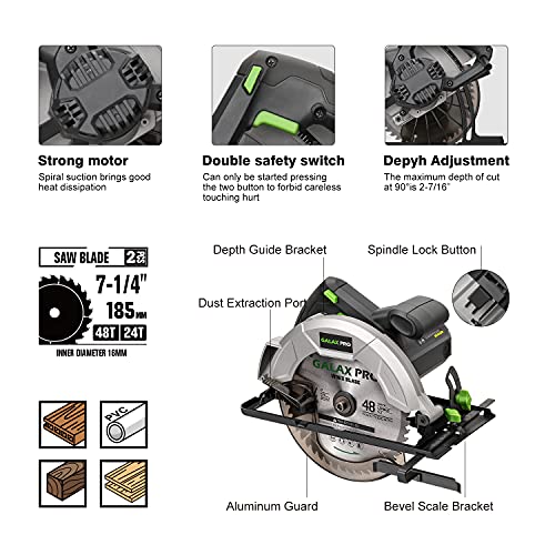 GALAX PRO Circular Saw 5800 RPM Hand-Held Cord Circular Saw, 10 Amp with 7-1/4 Inch Blade, Adjustable Cutting Depth (1-5/8" to 2-1/2") for Wood and Logs Cutting