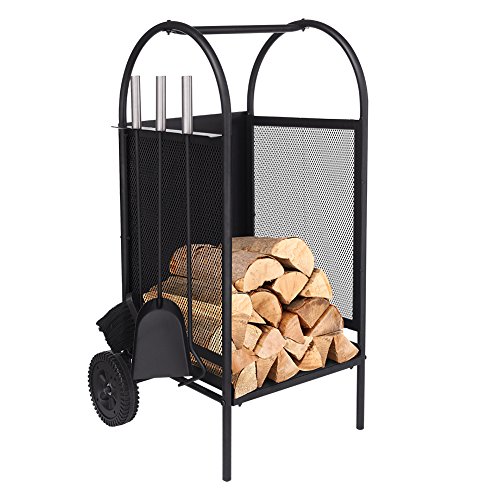 ART TO REAL Firewood Rack Log Cart With Large Wheels, Firewood Mover with 3 Fireplace Tool Set Fireplace Log Carriers Holders Black Wrought Iron Firepit Firewood Cart, 31.5'' x 14'' x 14''