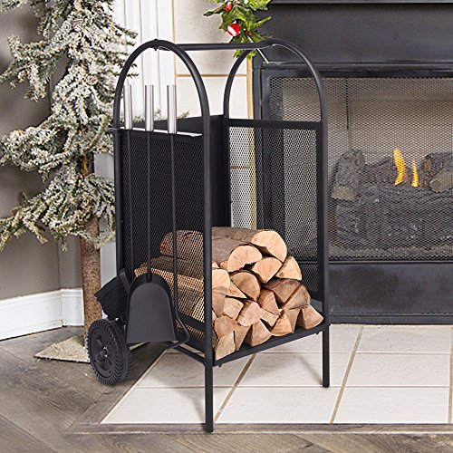 ART TO REAL Firewood Rack Log Cart With Large Wheels, Firewood Mover with 3 Fireplace Tool Set Fireplace Log Carriers Holders Black Wrought Iron Firepit Firewood Cart, 31.5'' x 14'' x 14''