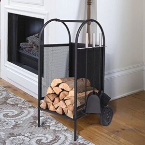 ART TO REAL Firewood Rack Log Cart With Large Wheels, Firewood Mover with 3 Fireplace Tool Set Fireplace Log Carriers Holders Black Wrought Iron Firepit Firewood Cart, 31.5'' x 14'' x 14''