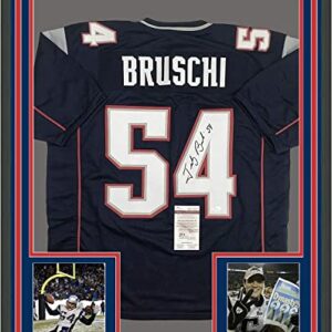 Framed Autographed/Signed Tedy Bruschi 33x42 New England Blue Football Jersey JSA COA