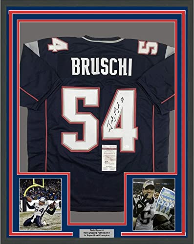 Framed Autographed/Signed Tedy Bruschi 33x42 New England Blue Football Jersey JSA COA