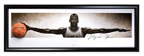 Michael Jordan Autographed Chicago Bulls Wings Nike Concept Poster Breaking Through Display Piece with Spalding Basketball - Framed