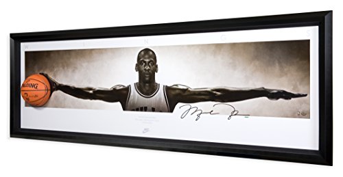 Michael Jordan Autographed Chicago Bulls Wings Nike Concept Poster Breaking Through Display Piece with Spalding Basketball - Framed