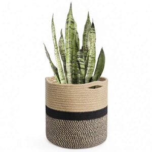 timeyard sturdy jute rope plant basket modern woven basket for 10" flower pot floor indoor planters, 11” x 11” storage organizer basket rustic home decor, black and beige stripes