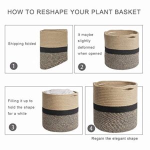 TIMEYARD Sturdy Jute Rope Plant Basket Modern Woven Basket for 10" Flower Pot Floor Indoor Planters, 11” x 11” Storage Organizer Basket Rustic Home Decor, Black and Beige Stripes