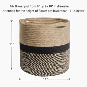 TIMEYARD Sturdy Jute Rope Plant Basket Modern Woven Basket for 10" Flower Pot Floor Indoor Planters, 11” x 11” Storage Organizer Basket Rustic Home Decor, Black and Beige Stripes