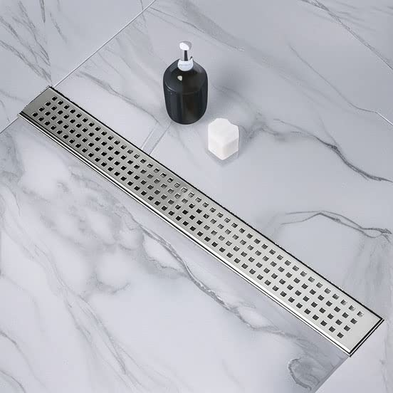 USHOWER 48 Inch Long Linear Shower Drain with Removable Square Pattern Grate, SUS304 Stainless Steel, Includes Hair Strainer, Brushed Nickel