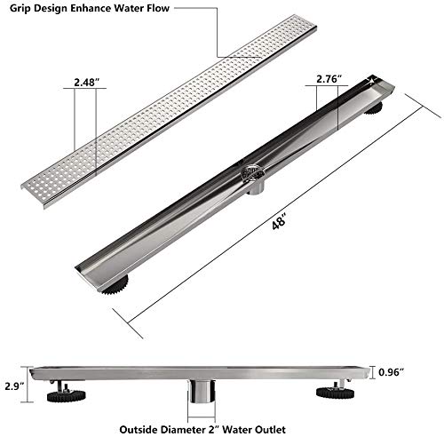 USHOWER 48 Inch Long Linear Shower Drain with Removable Square Pattern Grate, SUS304 Stainless Steel, Includes Hair Strainer, Brushed Nickel