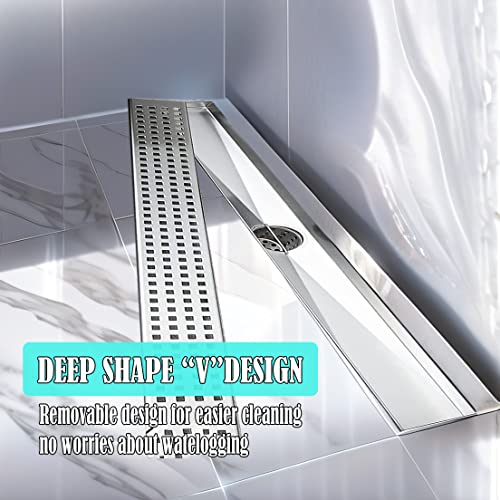 USHOWER 48 Inch Long Linear Shower Drain with Removable Square Pattern Grate, SUS304 Stainless Steel, Includes Hair Strainer, Brushed Nickel