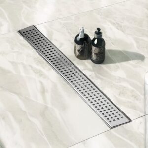 USHOWER 48 Inch Long Linear Shower Drain with Removable Square Pattern Grate, SUS304 Stainless Steel, Includes Hair Strainer, Brushed Nickel