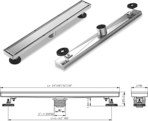 USHOWER 24-Inch Linear Shower Drain with Reversible 2-in-1 Tile Insert Cover, SUS304 Stainless Steel, Includes Hair Strainer, Brushed Nickel