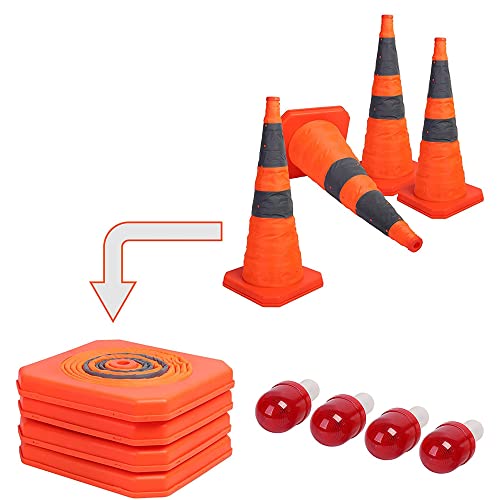 Sunnyglade [4-Pack] 28 inch Collapsible Traffic Cones with LED Light Multi Purpose Pop up Reflective Safety Cone (Orange x4)