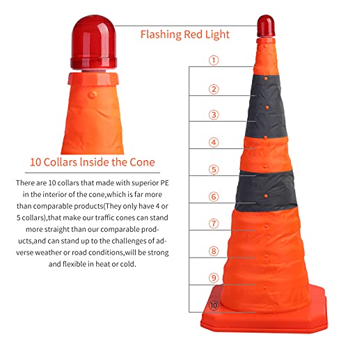 Sunnyglade [4-Pack] 28 inch Collapsible Traffic Cones with LED Light Multi Purpose Pop up Reflective Safety Cone (Orange x4)