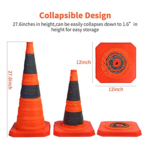 Sunnyglade [4-Pack] 28 inch Collapsible Traffic Cones with LED Light Multi Purpose Pop up Reflective Safety Cone (Orange x4)