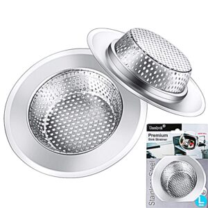 kitchen sink strainer basket drain catcher (2-pack) - 4.5” diameter, wide rim, premium stainless steel sink disposal stopper, anti-clogging micro-perforation 2mm holes basket drains sieve - rust free