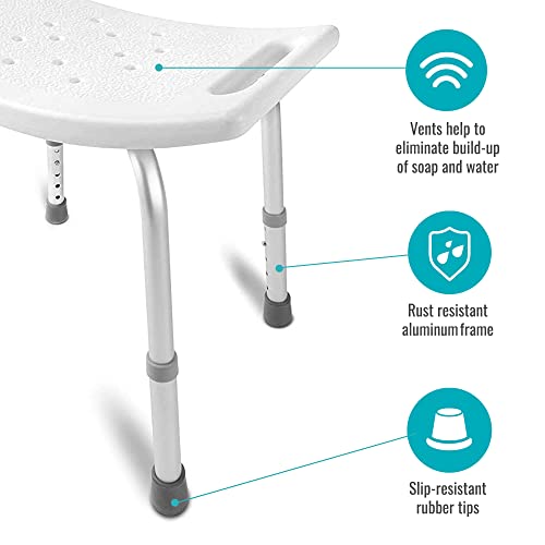 DMI Shower Chair Bath Seat for Tub or Shower Bench for Inside Shower, Made of Non Slip Aluminum with Plastic Seat, No Tools Needed, Adjustable Height, Holds Weight up to 300 Pounds, Bath Bench, White