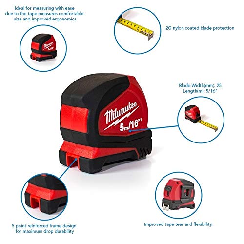 Milwaukee 4932459595 Pro Compact Tape Measure C5-16/25, Red, 5m/16ft