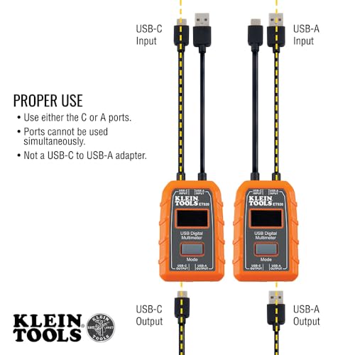 Klein Tools ET920 USB Power Meter, USB-A and USB-C Digital Meter for Voltage, Current, Capacity, Energy and Resistance