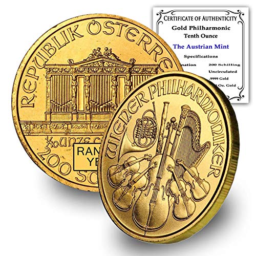 1989 - Present (Random Year) 1/10 oz Austrian Gold Vienna Philharmonic Coin Brilliant Uncirculated with Certificate of Authenticity 200ATS BU