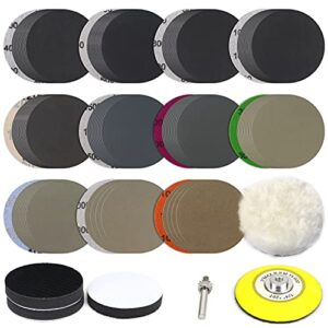 poliwell 150 pcs 3 inch sanding discs silicon carbide 400-10000 grits wet/dry hook and loop sandpaper for drill grinder rotary tools with 1/4 in backing pad, wool pad and 3pcs soft foam pads