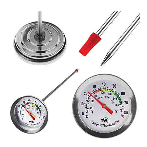 Compost Thermometer Stainless Steel Dial - Ideal Composting Soil Thermometer with 50MM Diameter C and F Dial and 295MM Compost Temperature Gauge Probe