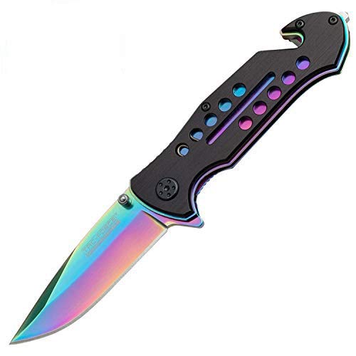 Tactical Folding Knifes Spring Assisted Pocket Knife With Clip And Lock Blade | Pocket Knife With Seatbelt Cutter And Glass Breaker | 3 Inch Blade Pocket Knife For Man | Rainbow Spectrum Flipper