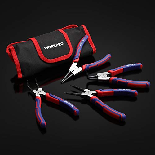 WORKPRO 4-Piece Snap Ring Pliers Set - Heavy Duty 7-inch Internal/External Circlip Pliers Kit (Tip Diameter 5/64'')-Straight/Bent Jaw - Cr-V Steel - For Ring Remover Retaining- Storage Pouch Included