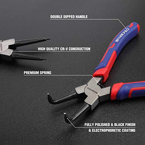 WORKPRO 4-Piece Snap Ring Pliers Set - Heavy Duty 7-inch Internal/External Circlip Pliers Kit (Tip Diameter 5/64'')-Straight/Bent Jaw - Cr-V Steel - For Ring Remover Retaining- Storage Pouch Included