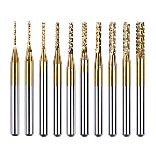 10pcs 0.8-3mm Titanium Coated Engraving Milling Cutter Carbide Bits, 1/8'' Shank for Dremel Rotary Tools by YEEZUGO