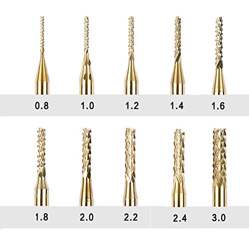 10pcs 0.8-3mm Titanium Coated Engraving Milling Cutter Carbide Bits, 1/8'' Shank for Dremel Rotary Tools by YEEZUGO