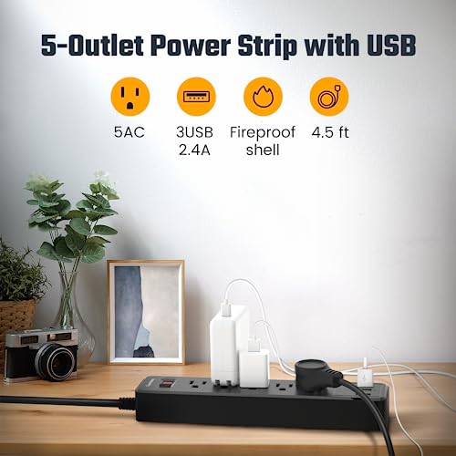 Power Strip, SUPERDANNY 5-Outlet Surge Protector, 3 USB Ports, 4.5 Ft Extension Cord, 900 Joules, Mountable, Overload Switch, Protected Indicator Light, Multiple Protections for Home Office, Black