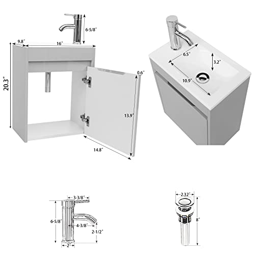 eclife 16" Bathroom Vanity Sink Combo for Small Space, Modern Painted Wall Mounted Floating Cabinet Set W/Resin Basin Sink Top, Chrome Water Save Faucet & Pop Up Drain (B10G)