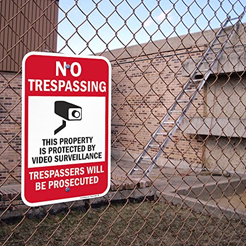 SmartSign 18 x 12 inch “No Trespassing - Property Protected by Video Surveillance, Trespassers Prosecuted” Metal Sign, 63 mil Laminated Rustproof Aluminum, Red, Black and White